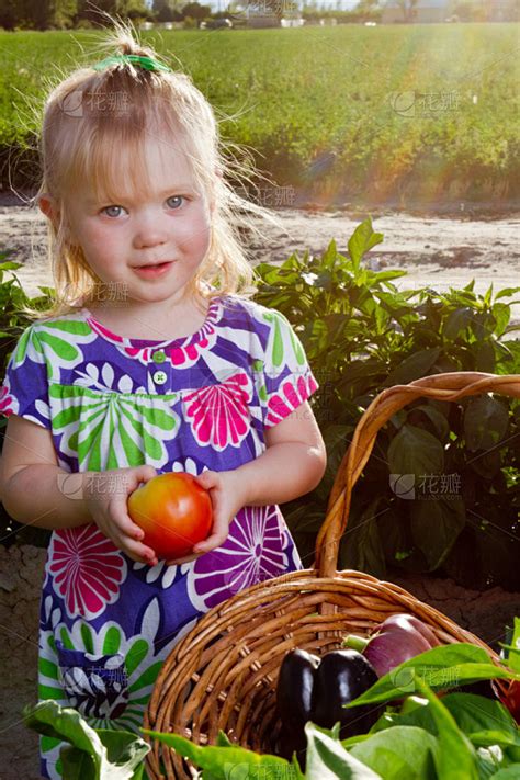 菜园女孩垂直画幅休闲活动夏天西红柿彩色图片儿童女人