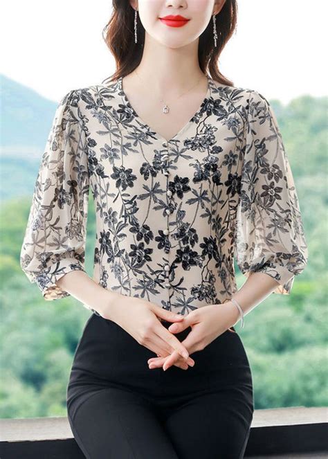 Diy Apricot V Neck Print Chiffon Blouse Top Half Sleeve Chiffon