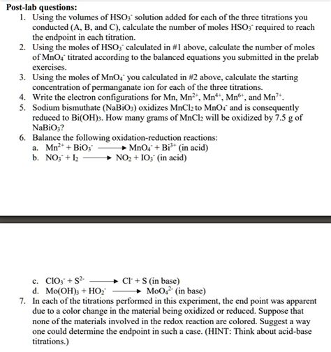 Solved Post Lab Questions Using The Volumes Of Hso Solution Added