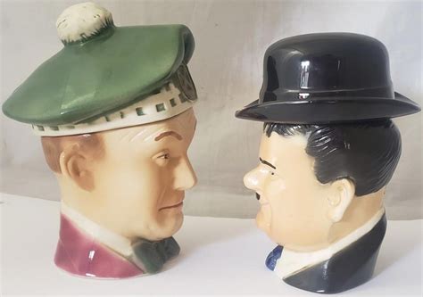 Vintage Laurel And Hardy Porcelain Empty Whiskey Decanters By Ezra