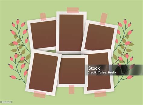 빈 사실적인 사진 프레임 모형입니다 나뭇잎과 꽃이 있는 봄 스크랩북 템플릿을 인사합니다 그림자가 있는 메모리용 빈 프린트 홀더 앨범용 접착 테이프 0명에 대한 스톡 벡터