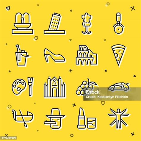 세트 라인 비트루비안 남자 스포츠 경주용 자동차 피자 조각 마네킹 여자 신발 병 와인 양동이 분수 및 콜로세움 로마 아이콘 벡터