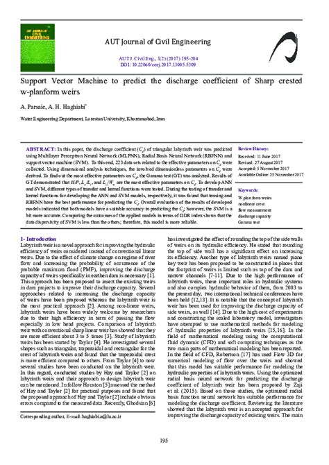 pdf support vector machine to predict the discharge coefficient of