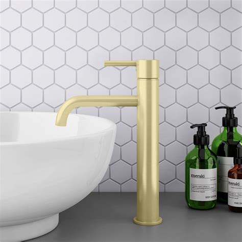 Arezzo Round Brushed Brass High Rise Mono Basin Mixer Tap Victorian Plumbing Uk
