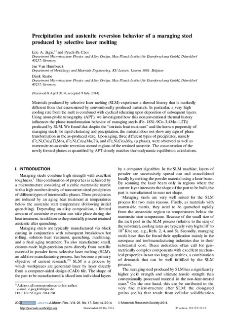 Pdf Precipitation And Austenite Reversion Behavior Of A Maraging Steel Produced By Selective