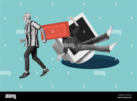 Collage Picture Computer Screen Monitor Delete Keyboard Button Hide Face Woman Addiction