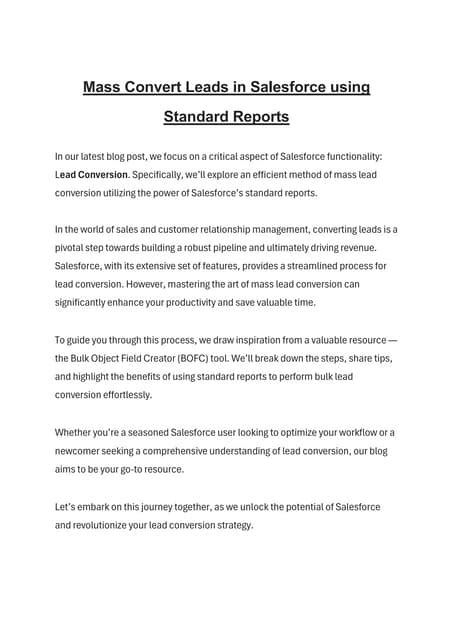 Mass Convert Leads In Salesforce Using Standard Reports Pdf Business Accounting And Finance