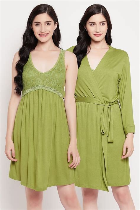 Buy Chic Basic Short Night Dress And Robe Set In Green Cotton Online