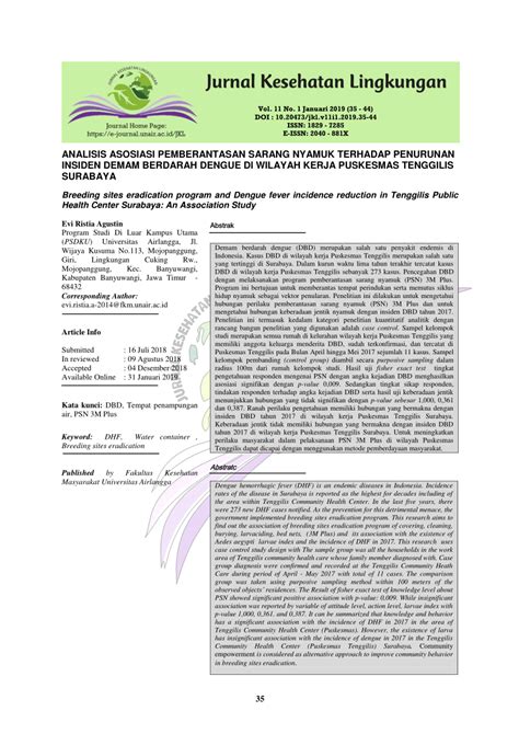 Pdf Breeding Sites Eradication Program And Dengue Fever Incidence Reduction In Tenggilis