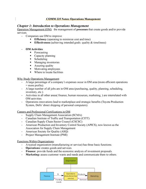 Comm 225 Notes Comm 225 Notes Operations Management Chapter 1 Introduction To Operations