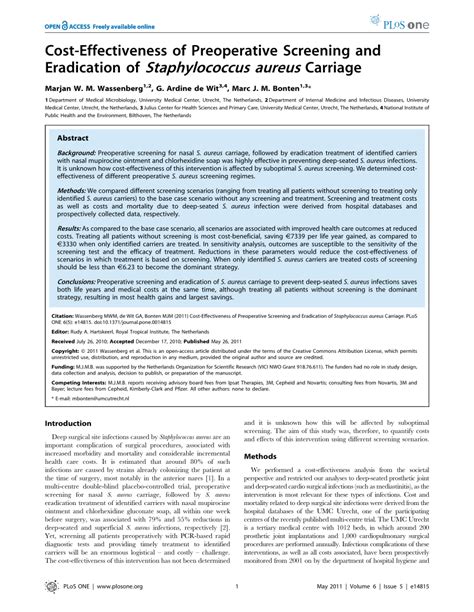 Pdf Cost Effectiveness Of Preoperative Screening And Eradication Of Staphylococcus Aureus Carriage