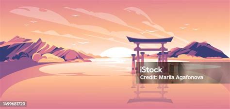 물과 산에서 일본 도리이가 있는 일몰 풍경 핑크 오렌지 퍼플 그라데이션 벡터 그림 일본에 대한 스톡 벡터 아트 및 기타 이미지 일본 토리 게이트 문화 Istock