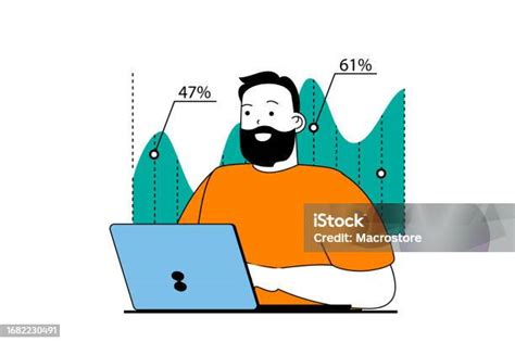 플랫 웹 디자인에서 사람 장면이 있는 데이터 분석 개념입니다 재무 감사 및 회계를 하고 차트에서 진전을 이루는 사람 소셜 미디어
