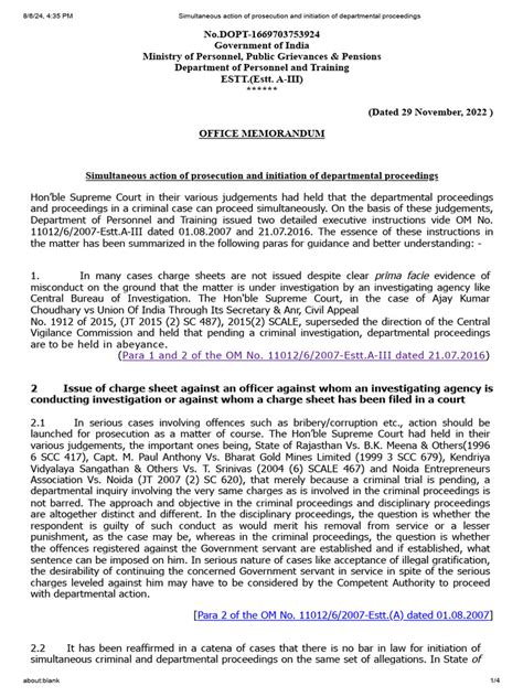 Simultaneous Action Of Prosecution And Initiation Of Departmental