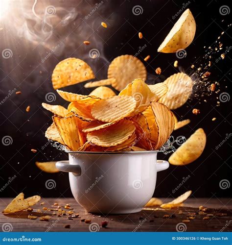 Crispy Fried Potato Chips Popular Snack Dynamic Food Photo Royalty
