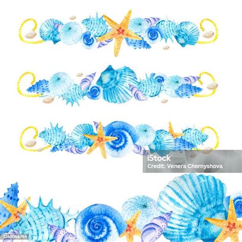 흰색 배경에 푸른 바다 조개 오렌지 불가사리와 달팽이 장식을위한 수채화 클립 아트 구성 해양 조성 엽서 디자인 템플릿 핸드 그린 일러스트레이션 각도에 대한 스톡 벡터 아트