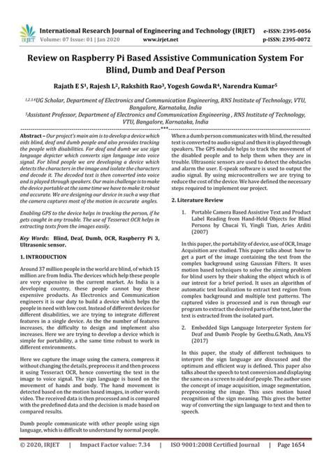 Irjet Review On Raspberry Pi Based Assistive Communication System For Blind Dumb And Deaf