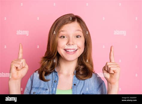 Photo Of Young Attractive Girl Happy Positive Smile Point Fingers Empty