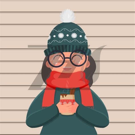 دانلود وکتور دختری با لباس گرم زمستانی و لیوان نوشیدنی داغ دانلود