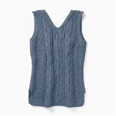 Ladies Aran V Neck Sweater Vest Blue Celtic Clothing Company