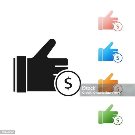 흰색 배경에 고립 된 동전 아이콘을 들고 검은 손 달러 또는 Usd 기호입니다 현금 은행 통화 기호입니다 다채로운 아이콘을