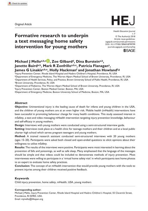Pdf Formative Research To Underpin A Text Messaging Home Safety Intervention For Young Mothers