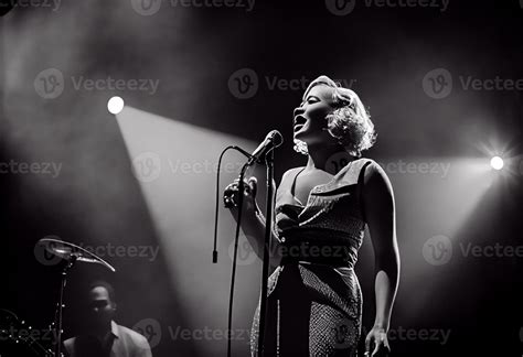 Female Jazz Singer On Stage During A Concert Illuminated By Show Lights