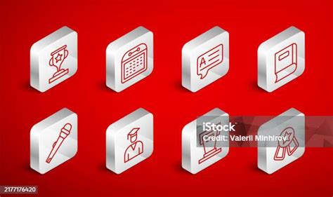 별표 달력 말풍선 답변 책 무대 스탠드 수상 컵 대학원 졸업 모자 및 마이크 아이콘이있는 메달을 설정합니다 벡터 3차원 형태에 대한 스톡 벡터 아트 및 기타 이미지 Istock