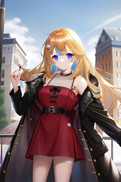 Premium Ai Image A Girl In A Red Dress With A Black Jacket And Blue