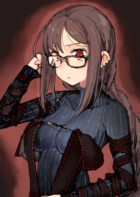 Safebooru 1girl Adjusting Eyewear Bangs Black Dress Breasts Brown