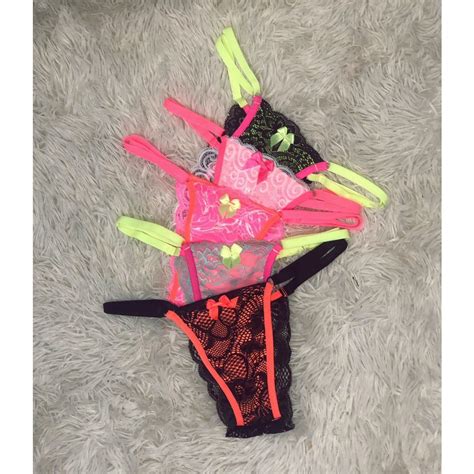 Kit 5 Calcinhas Renda Neon Color Sensual Regulagem Lateral Tanga Fio