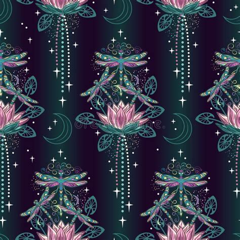 Mystical Pattern With Lotus Dragonflies Pixie Stock Vector Illustration Of Fairytale