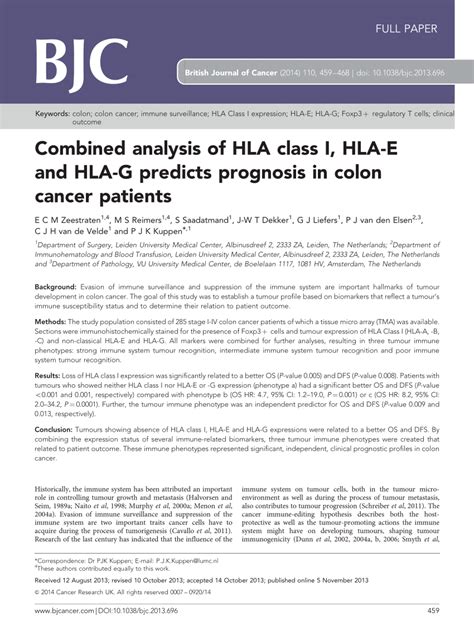 PDF Combined Analysis Of HLA Class I HLA E And HLA G Predicts Prognosis In Colon Cancer Patients