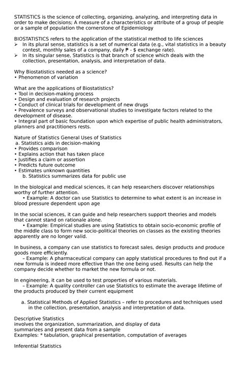 Biostatistics And Epidemiology Notes STATISTICS Is The Science Of