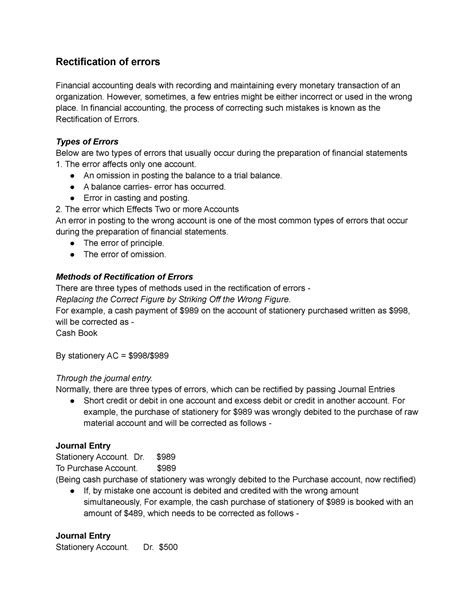 Rectification Of Errors Rectification Of Errors Financial Accounting Deals With Recording And