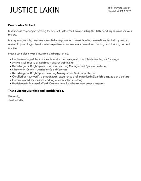 Adjunct Instructor Cover Letter Velvet Jobs