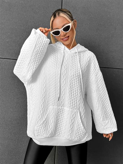Shein Ezwear Drop Shoulder Kangaroo Pocket Textured Drawstring Hoodie