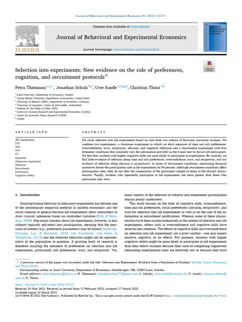 Selection Into Experiments New Evidence On The Role Of Preferences