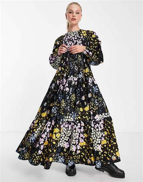 Asos Design Vestito Grembiule Lungo In Cotone Arricciato Nero A Fiori