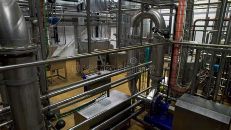 Pipeline System Connects Metal Tanks In Chemical Workshop Stock Footage