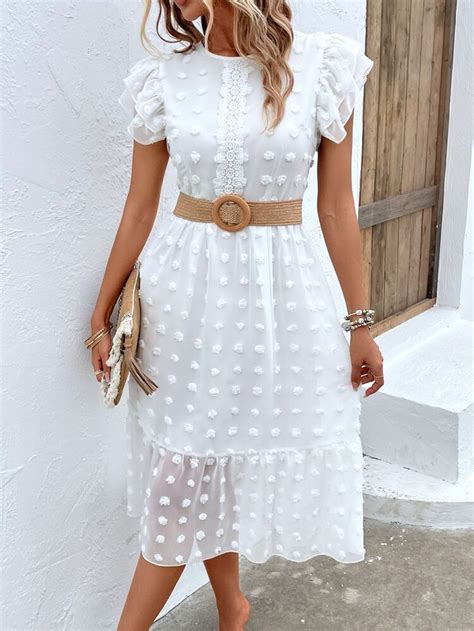 White Elegant Collar Short Sleeve Fabric Plain Fitted Embellished Non