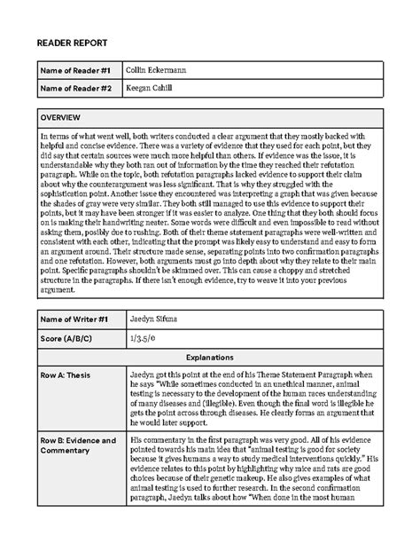 Copy Of Template For Reader Report Reader Report Name Of Reader 1 Collin Eckermann Name Of