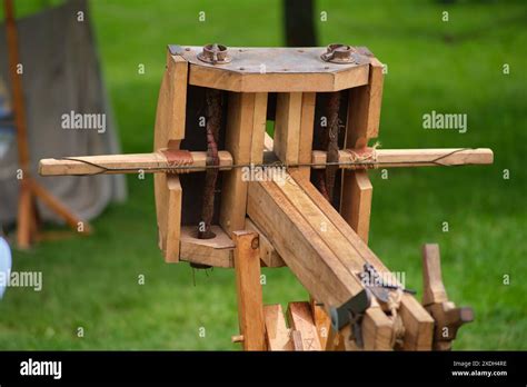 Ancient Roman Ballista With A Loaded Throwing Arrow Close Up Stock