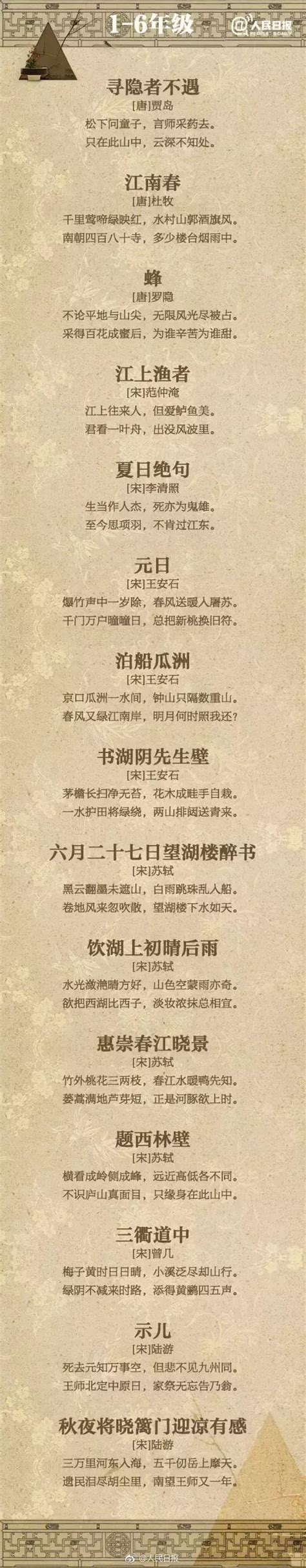 人民日報1 6年級語文必背古詩詞彙總收藏起來暑假慢慢背 每日頭條