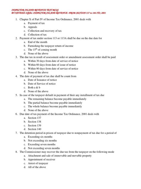 Inspector Inland Revenue Test Mcqs An Assessment On Tax Payment Due