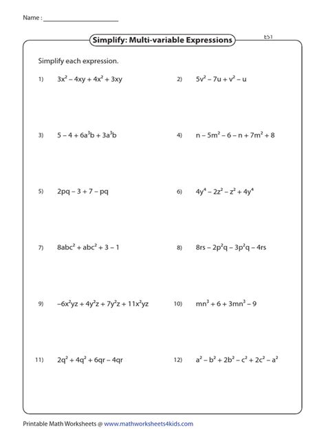 Algebra Simplifying Expressions Multi Variable Easy All Key Pdf