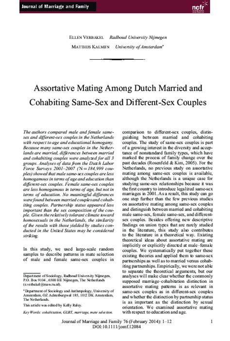 Pdf Assortative Mating Among Dutch Married And Cohabiting Same Sex