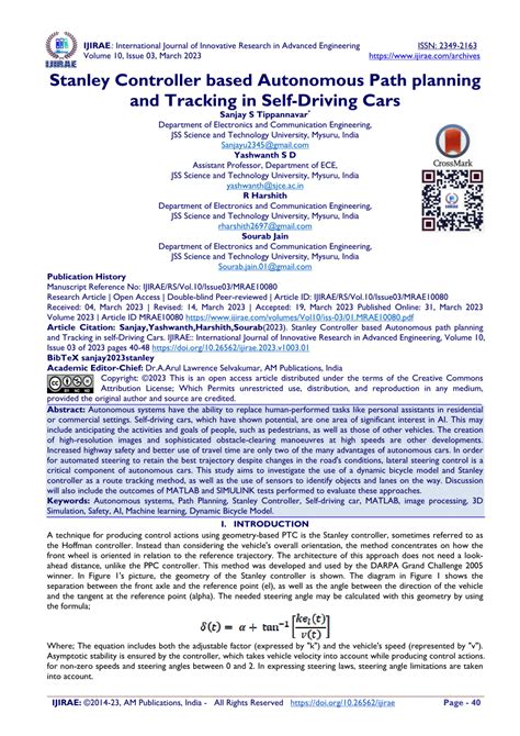 PDF Stanley Controller Based Autonomous Path Planning And Tracking In Self Driving Cars