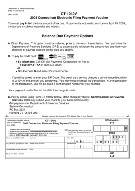 Form Ct 1040v 2008 Connecticut Electronic Filing Payment Voucher