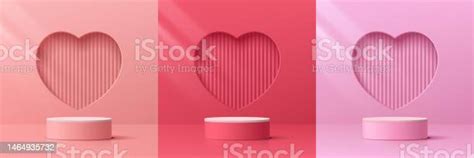 분홍색 빨간색 흰색 실린더 받침대 연단이 있는 3d 발렌타인 데이 배경 세트 창 하트 모양의 종이 컷 벡터 기하학적 플랫폼입니다 모형 제품 디스플레이 최소한의 벽 장면 무대